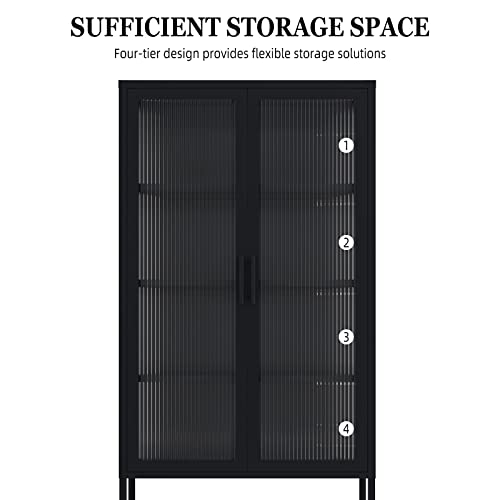 Prohonbec Double Fluted Glass Door Storage Cabinet with Adjustable Shelves, Tall Freestanding Display Sideboard Bookshelf Cupboard for Living Room, Kitchen, Office