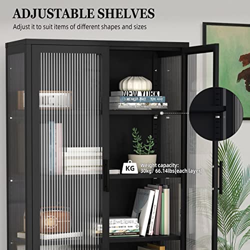 Prohonbec Double Fluted Glass Door Storage Cabinet with Adjustable Shelves, Tall Freestanding Display Sideboard Bookshelf Cupboard for Living Room, Kitchen, Office