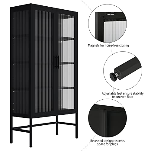 Prohonbec Double Fluted Glass Door Storage Cabinet with Adjustable Shelves, Tall Freestanding Display Sideboard Bookshelf Cupboard for Living Room, Kitchen, Office