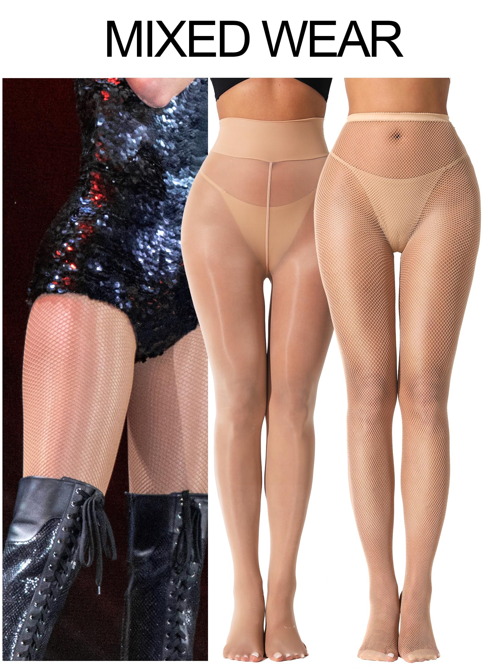 VEBZIN Women's Sheer Tights Fishnet Stockings Match Sets Sparkly Fishnets Sheer Tights, 2 Pack