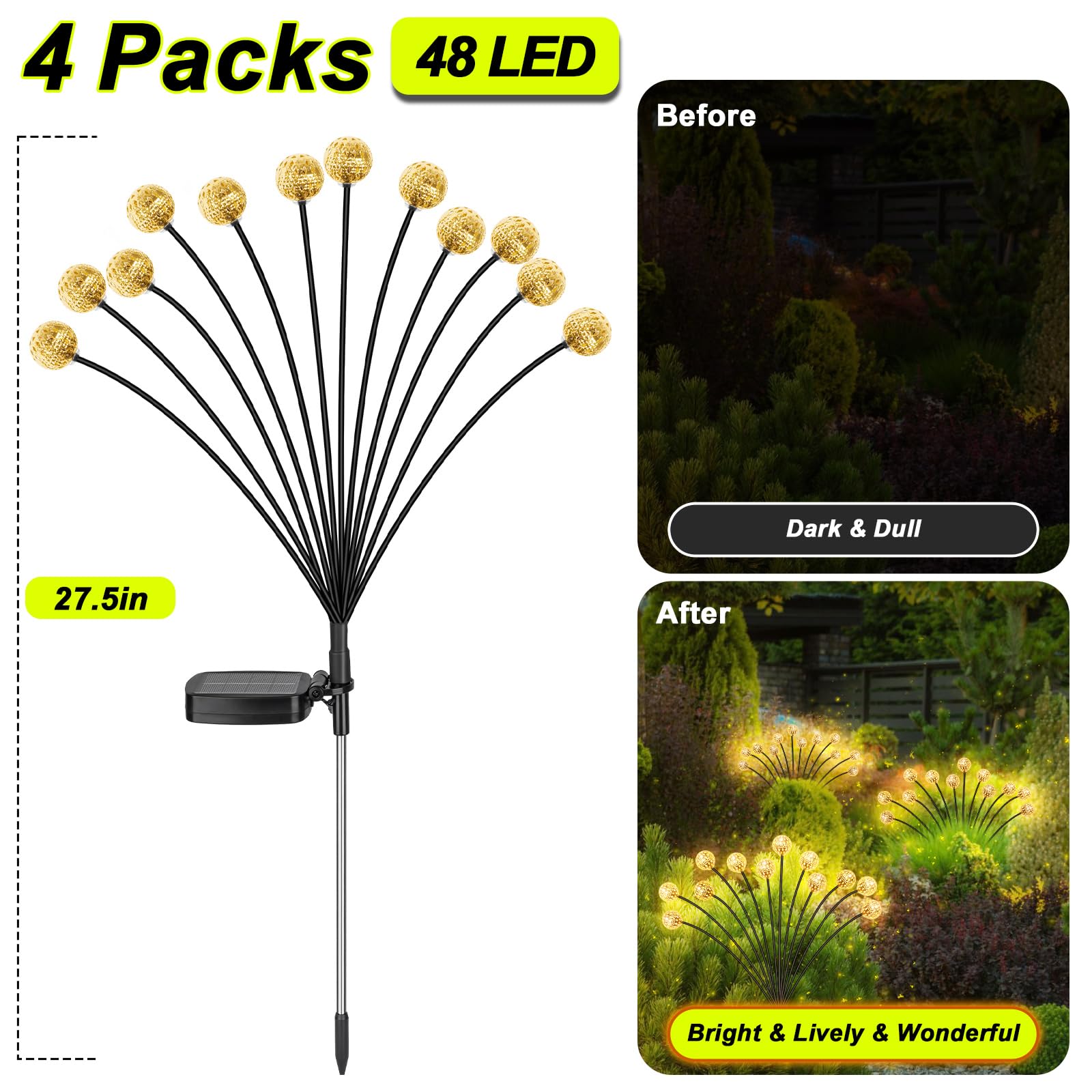 Solar Garden Lights 4 Packs 48 LED, Firefly Lights Solar Outdoor Waterproof, Moroccan Swaying Outdoor Lights with 2 Modes, High Flexibility Solar Powered Yard Patio Walkway Decoration Warm White