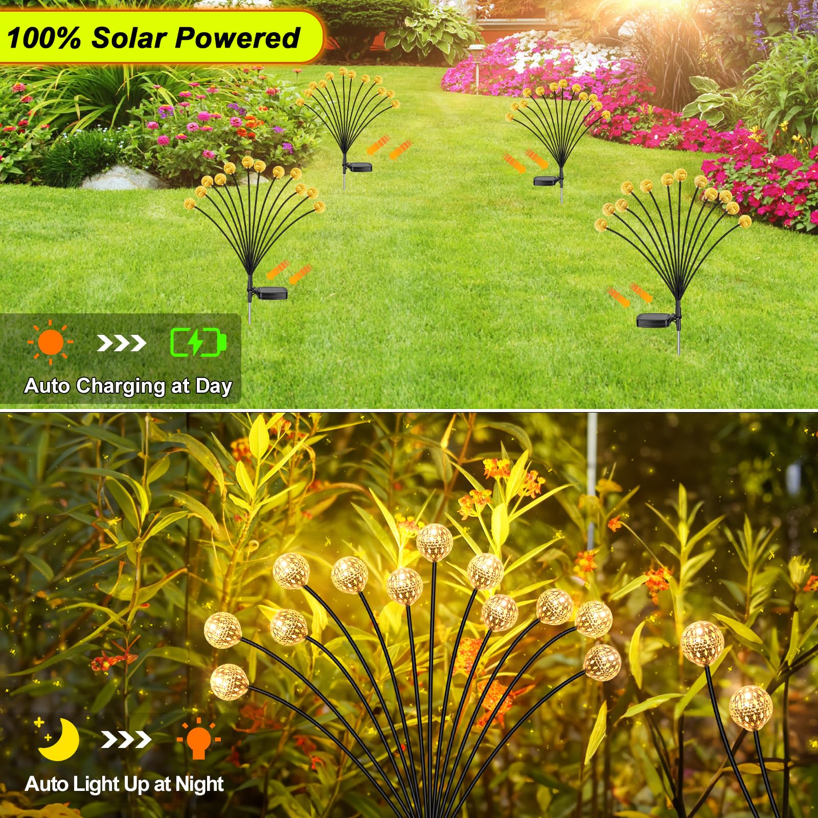 Solar Garden Lights 4 Packs 48 LED, Firefly Lights Solar Outdoor Waterproof, Moroccan Swaying Outdoor Lights with 2 Modes, High Flexibility Solar Powered Yard Patio Walkway Decoration Warm White