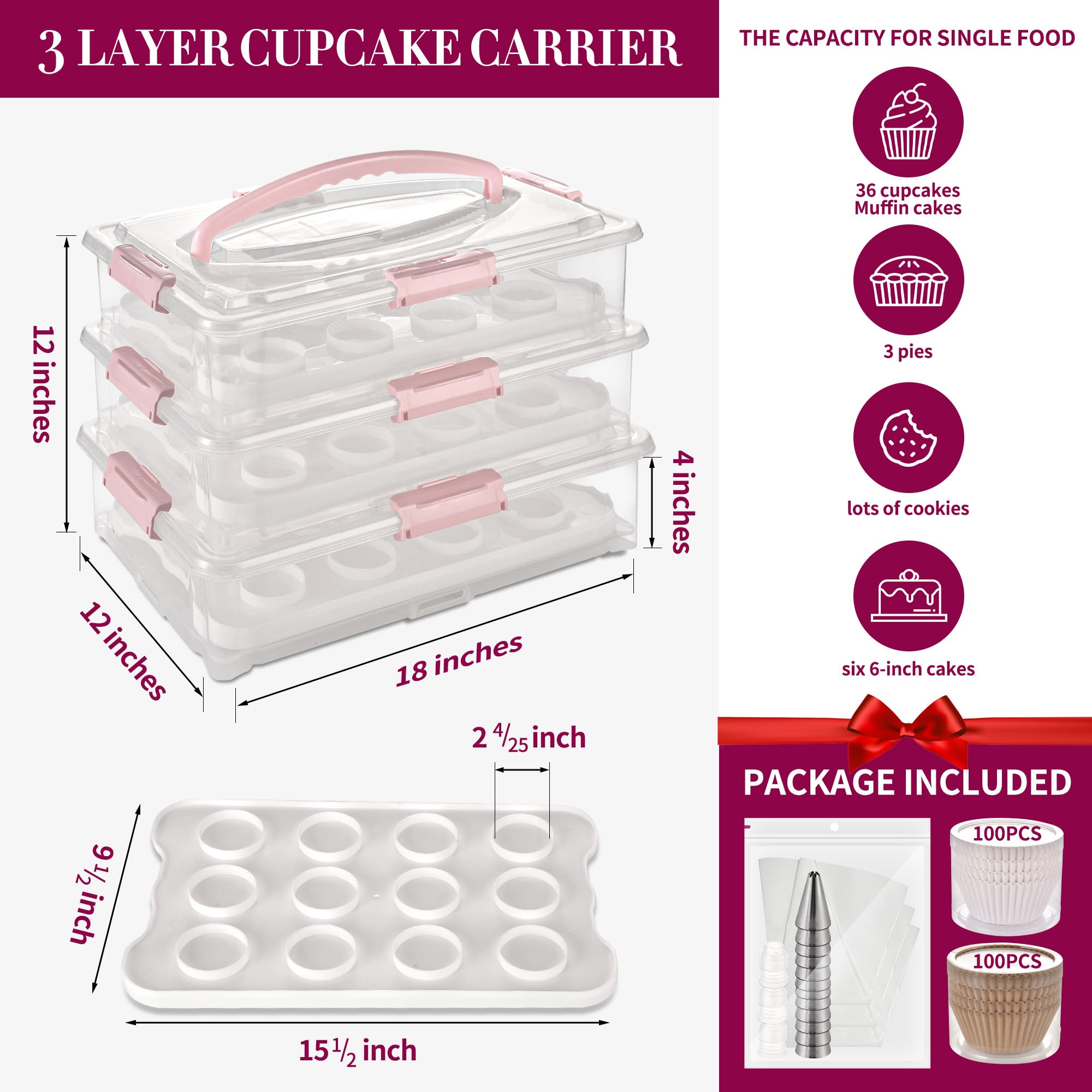 ARC 3-tiers Cupcake Carrier (Pink) - Cupcake Holder and Cake Transport Container that Holds up to 36 Cupcakes or 3 Large Cakes - BPA-Free, Great for Parties & Festivals