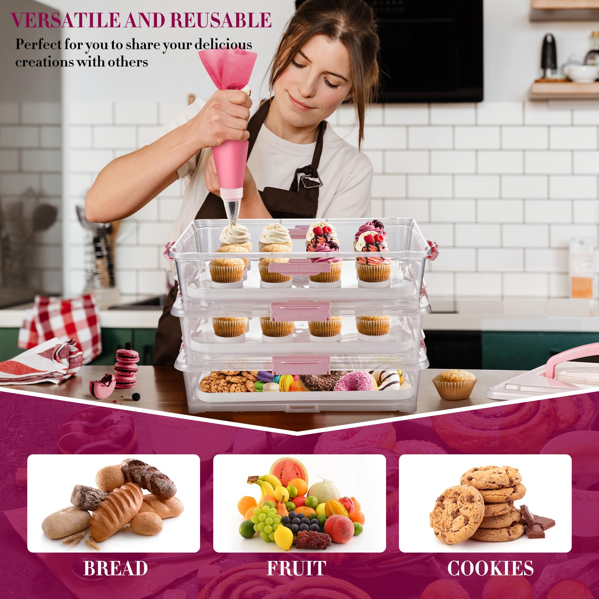ARC 3-tiers Cupcake Carrier (Pink) - Cupcake Holder and Cake Transport Container that Holds up to 36 Cupcakes or 3 Large Cakes - BPA-Free, Great for Parties & Festivals