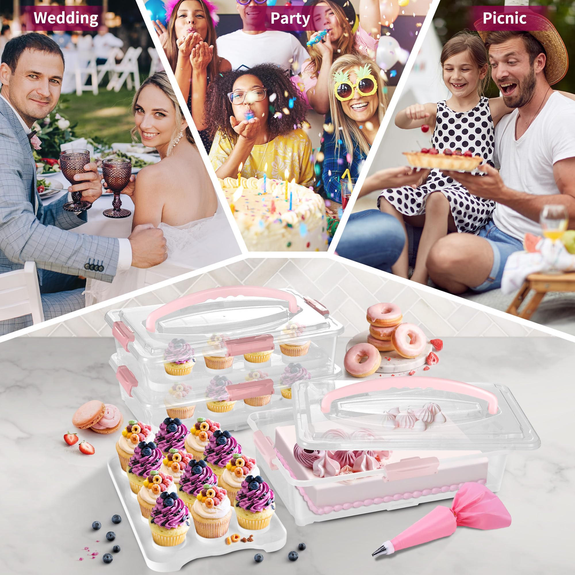 ARC 3-tiers Cupcake Carrier (Pink) - Cupcake Holder and Cake Transport Container that Holds up to 36 Cupcakes or 3 Large Cakes - BPA-Free, Great for Parties & Festivals