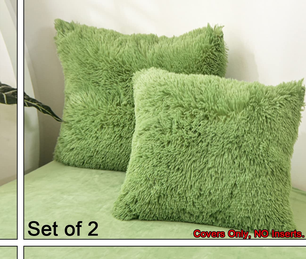 MorroMorn Shaggy Throw Pillow Covers, Luxury Long Faux Fur Pillows Shams, Square Pillow Cases Set, Pack of 2 Pillowcase Decorative Cushion Cover for Bed Couch Soft Zipper Room Decor (Green)