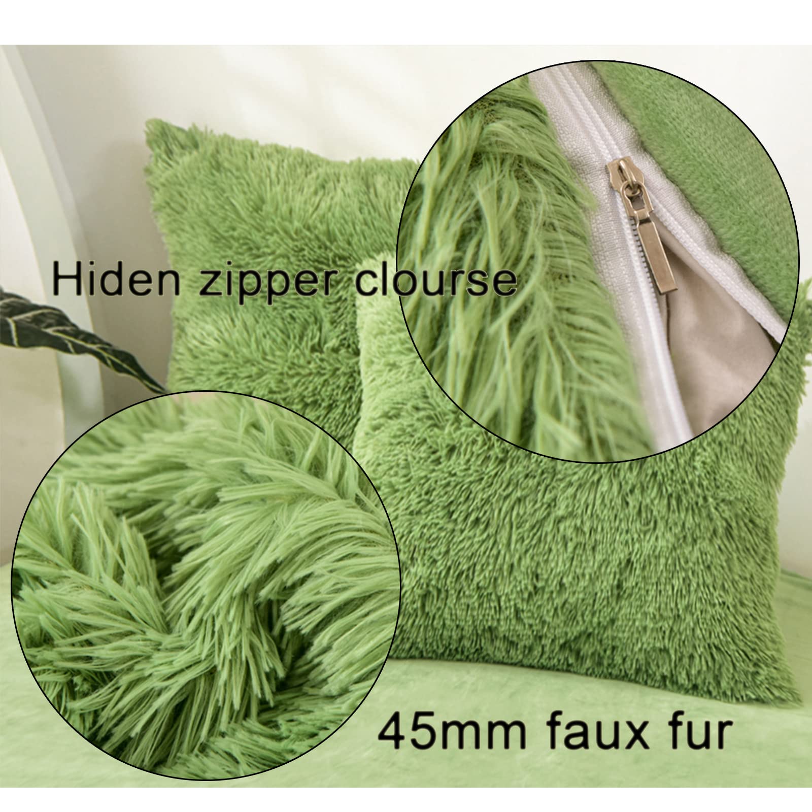 MorroMorn Shaggy Throw Pillow Covers, Luxury Long Faux Fur Pillows Shams, Square Pillow Cases Set, Pack of 2 Pillowcase Decorative Cushion Cover for Bed Couch Soft Zipper Room Decor (Green)