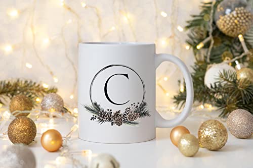 Sunday Blvd. 11oz. Coffee Mug Gift, Winter Pinecone Wreath Monogram Alphabet Letter C, Birthday Christmas Graduation Promotion Coworker Mother's Day Gift Idea, 1-Pack