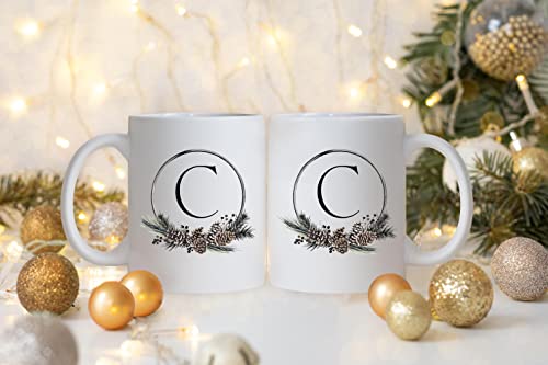 Sunday Blvd. 11oz. Coffee Mug Gift, Winter Pinecone Wreath Monogram Alphabet Letter C, Birthday Christmas Graduation Promotion Coworker Mother's Day Gift Idea, 1-Pack
