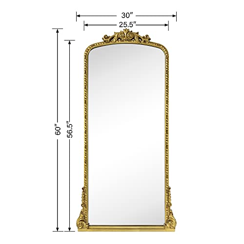 EGHOME Traditional Ornate Floor Mirror Arched Framed Full Length Wall Mirror Baroque Inspired Full Body Mirror, Antiqued Gold 30 x 60''