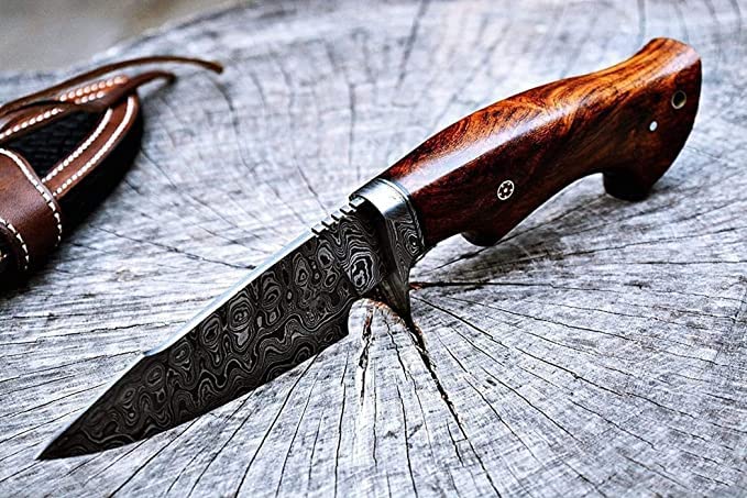 Winwo Custom Handmade Damascus Steel 10" Hunting Knife, With Walnut Wood Handle, Bushcraft Knife Survival Knife, Fixed Blade Knife & Camping Knives for Woodworking, Marking
