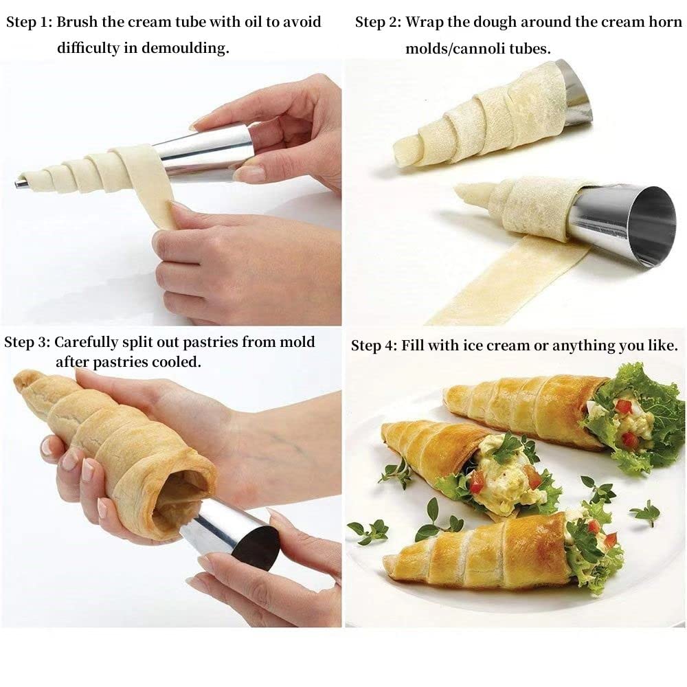 AMBESTAR 10 Pack Cream Horn Molds for Baking +10 Pack Cannoli Tubes Stainless Steel, 5 inch Large Size Cream Horn Mould and Cannoli Tubes for Baking Cream Horns, Brioche Rolls