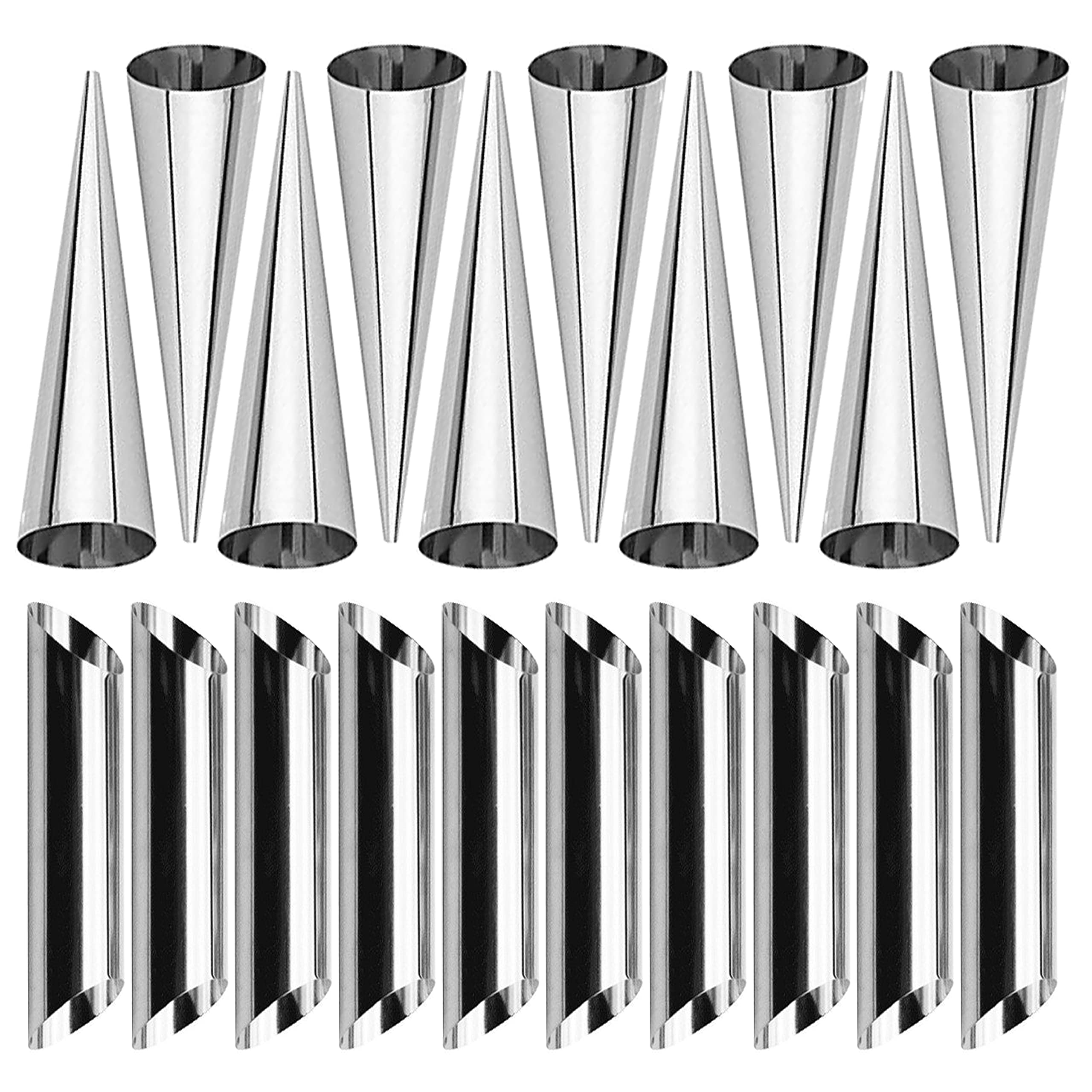 AMBESTAR 10 Pack Cream Horn Molds for Baking +10 Pack Cannoli Tubes Stainless Steel, 5 inch Large Size Cream Horn Mould and Cannoli Tubes for Baking Cream Horns, Brioche Rolls