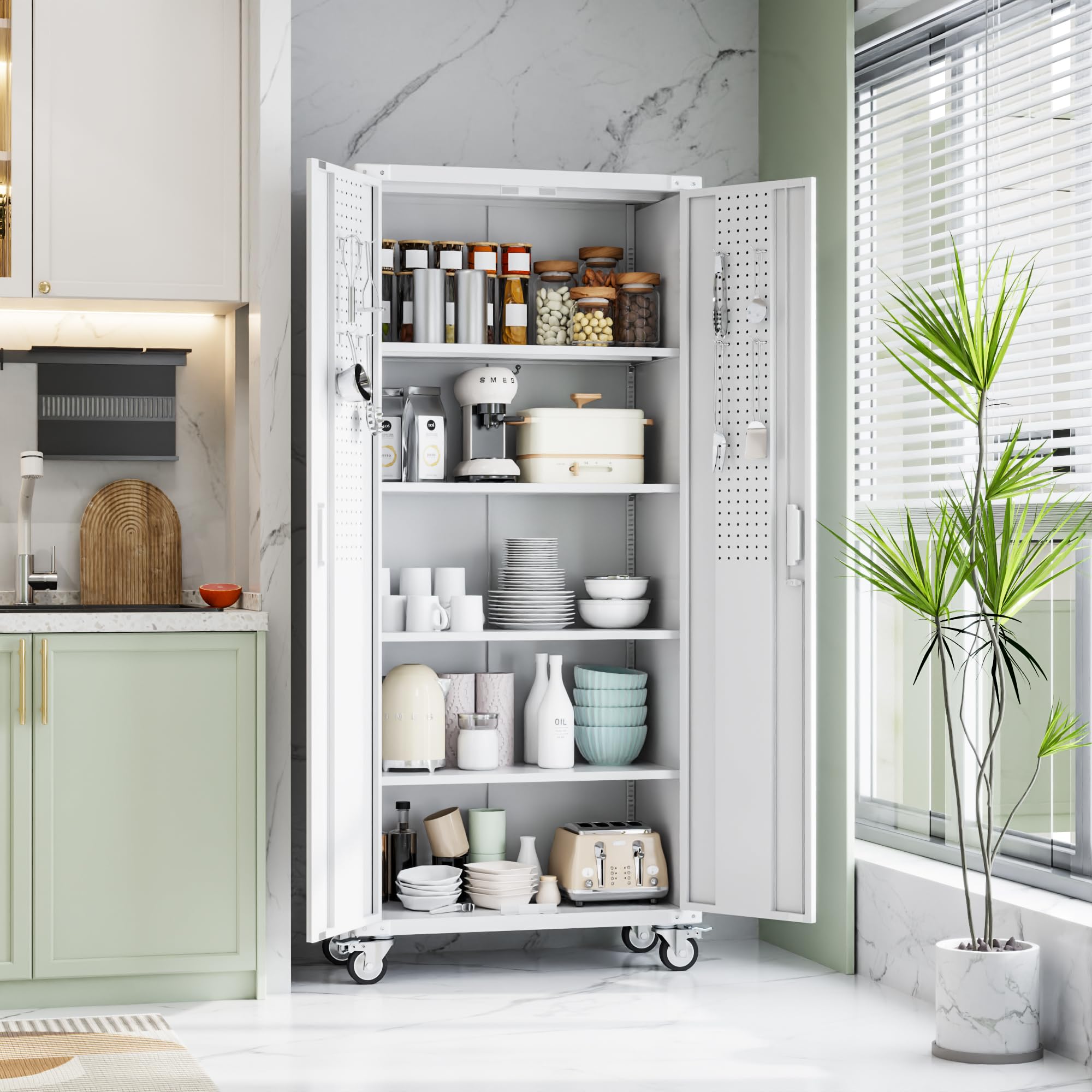Aobabo Upgraded White Metal Storage Cabinet with Pegboard, 72In Rolling, Lockable Cabinet with 2 Doors & 4 Shelves for Office & Home， Assembly Required