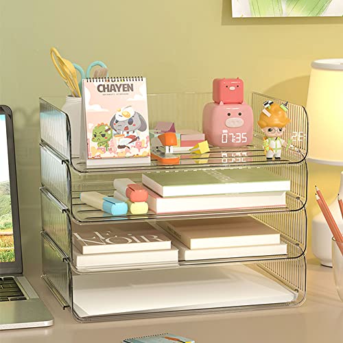 Wemfg File Organizer, Clear Stackable Desk Organizers and Accessories Tray Set, PET Letter Tray Paper Tray, A4 Size Office Desktop File Paper Holder Book Storage Rack (4 Pack x Landscape)