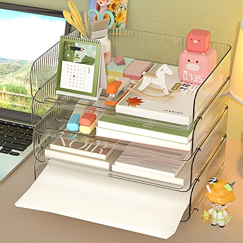 Wemfg File Organizer, Clear Stackable Desk Organizers and Accessories Tray Set, PET Letter Tray Paper Tray, A4 Size Office Desktop File Paper Holder Book Storage Rack (4 Pack x Landscape)