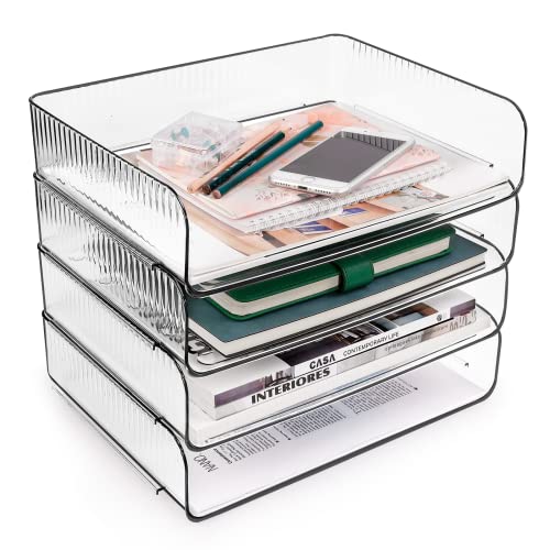 Wemfg File Organizer, Clear Stackable Desk Organizers and Accessories Tray Set, PET Letter Tray Paper Tray, A4 Size Office Desktop File Paper Holder Book Storage Rack (4 Pack x Landscape)