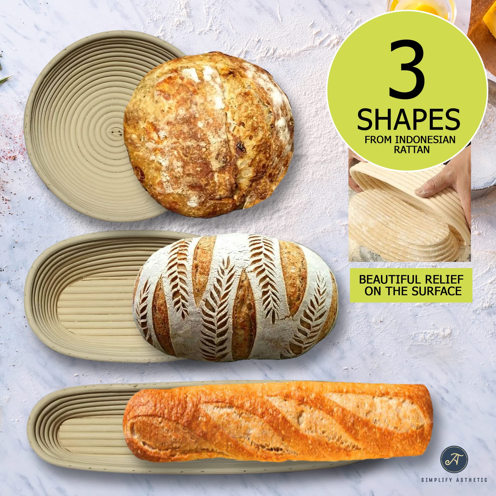 Banneton Bread Proofing Basket - A Complete Sourdough Bread Baking Supplies - Bread Baking Supplies - Sourdough Starter Jar - Indonesian Proofing Basket Set of 22-9" Round, 10" Oval, 15"Baguette