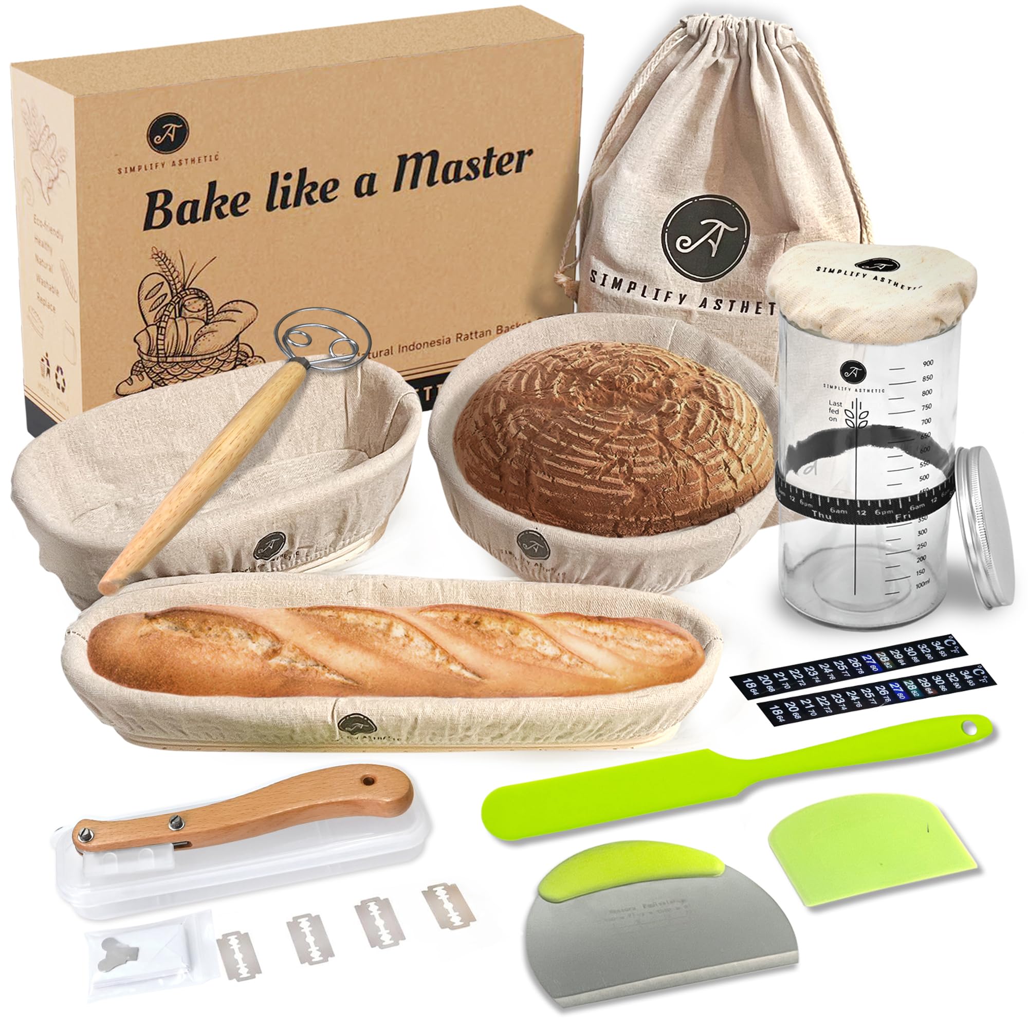 Banneton Bread Proofing Basket - A Complete Sourdough Bread Baking Supplies - Bread Baking Supplies - Sourdough Starter Jar - Indonesian Proofing Basket Set of 22-9" Round, 10" Oval, 15"Baguette