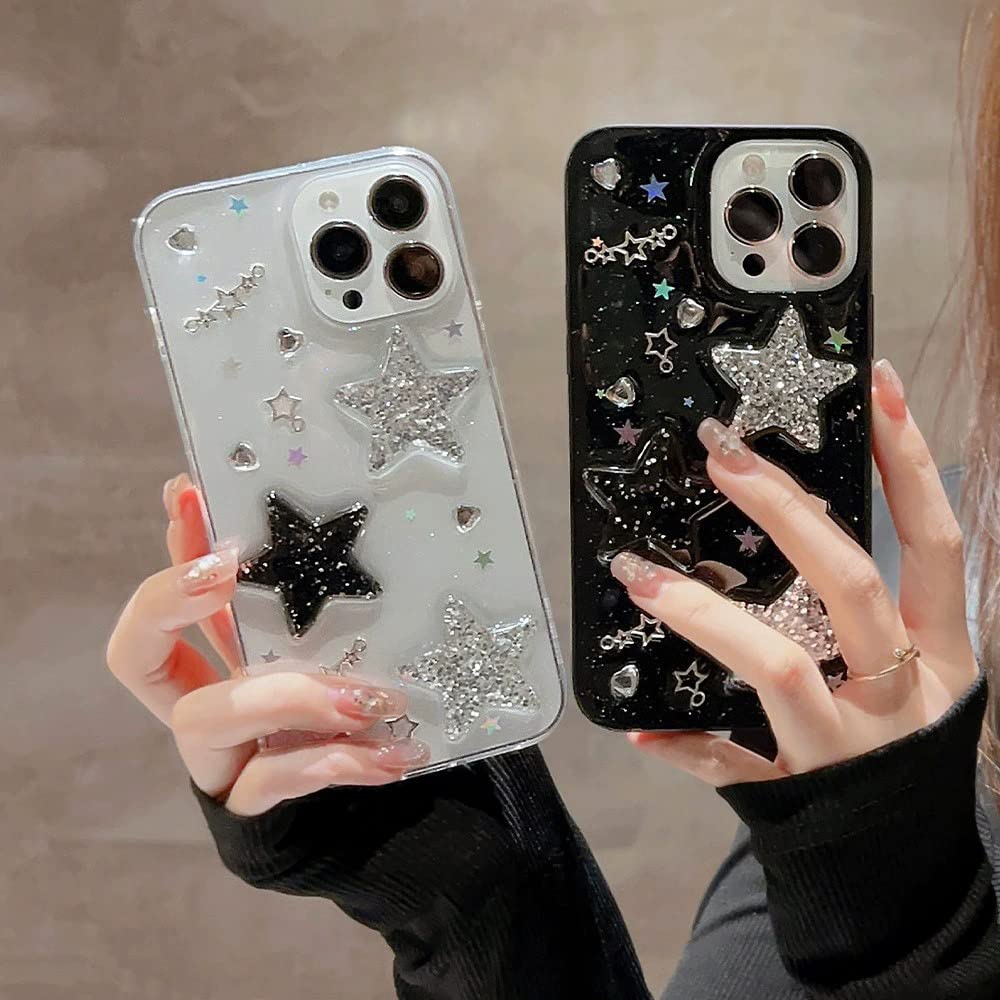 LOLAGIGI for iPhone 13 Case Bling Stars 3D Hearts Diamond Twinkle Star Glitter Y2K Spark Luxury Girly Aesthetic Personalized Design for Women Girls Teens TPU Case, 6.1", Black
