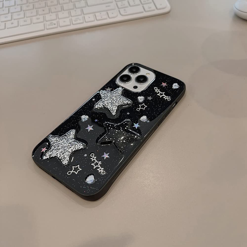 LOLAGIGI for iPhone 13 Case Bling Stars 3D Hearts Diamond Twinkle Star Glitter Y2K Spark Luxury Girly Aesthetic Personalized Design for Women Girls Teens TPU Case, 6.1", Black