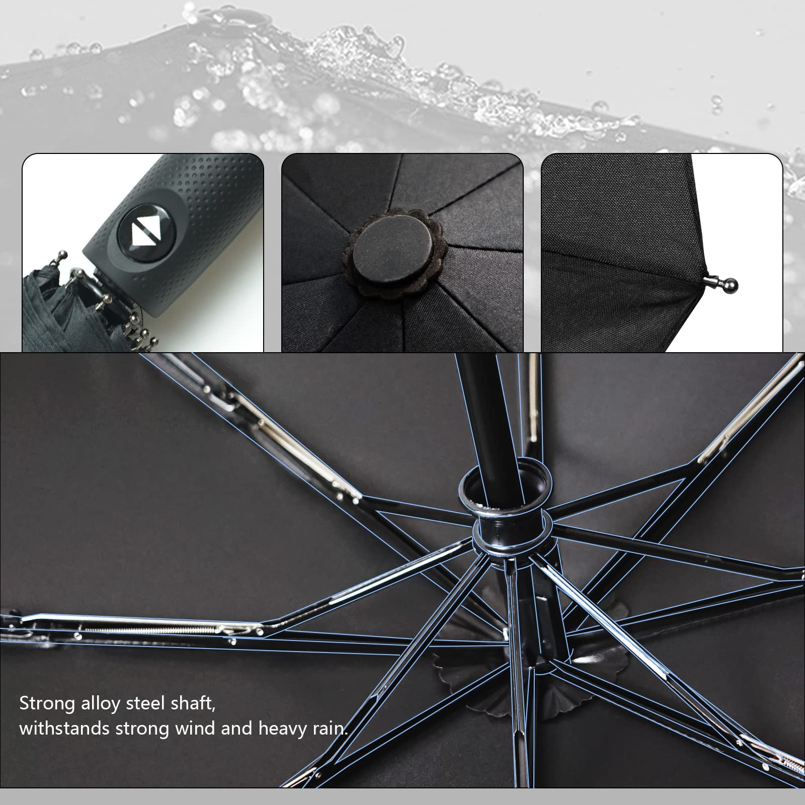 ALFROTEY Compact Travel Umbrella for Rain Portable Automatic Open and Close Windproof Sun Umbrella UV Protection Lightweight Small Folding Car Umbrella for Women and Men (Black, L)