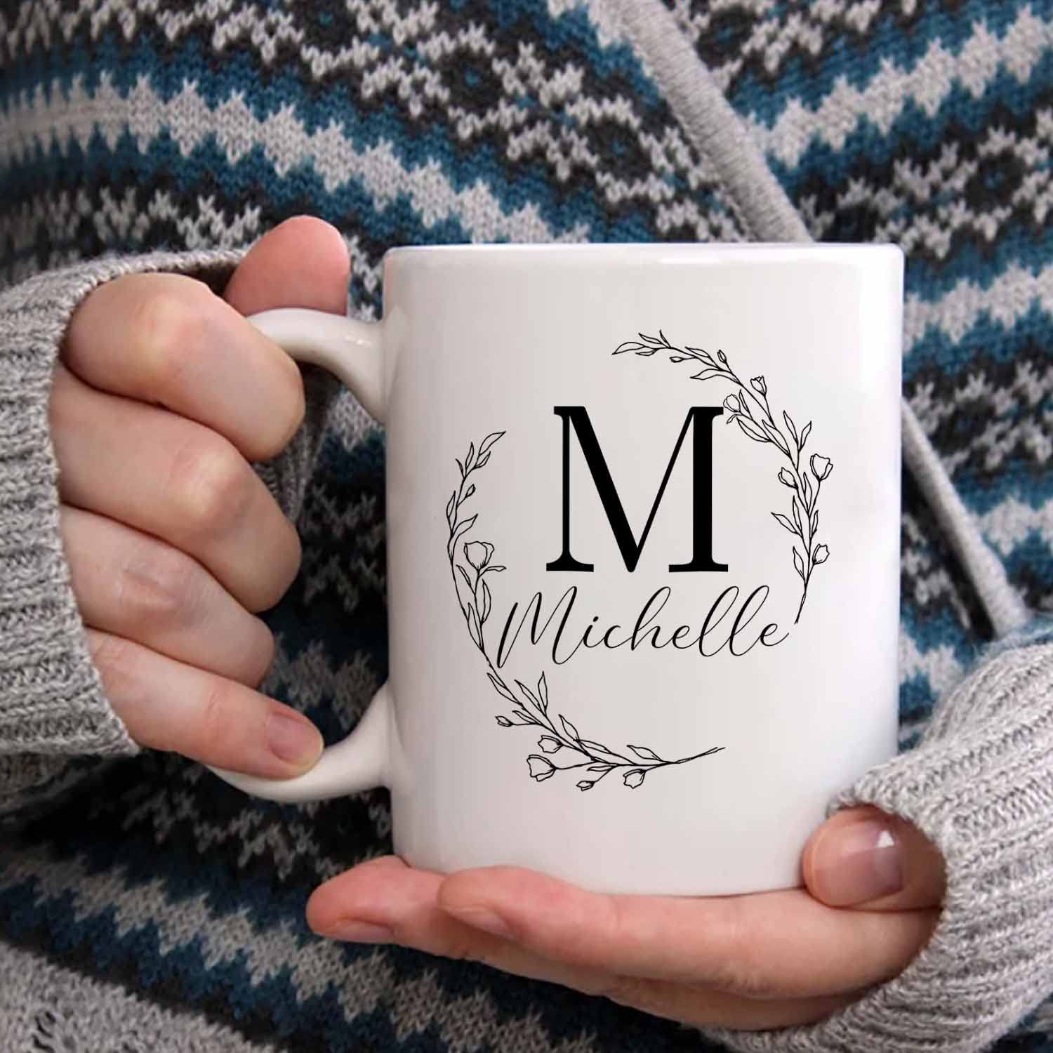Personalized Name & Initial Letter Monogram Floral Alphabet White Coffee Mug Cup 11 15 Oz, Alphabet Accent Cup, Vintage Initial Monogram Travel Mug Gift For Men Women,Custom Name Initial Alphabet Mug