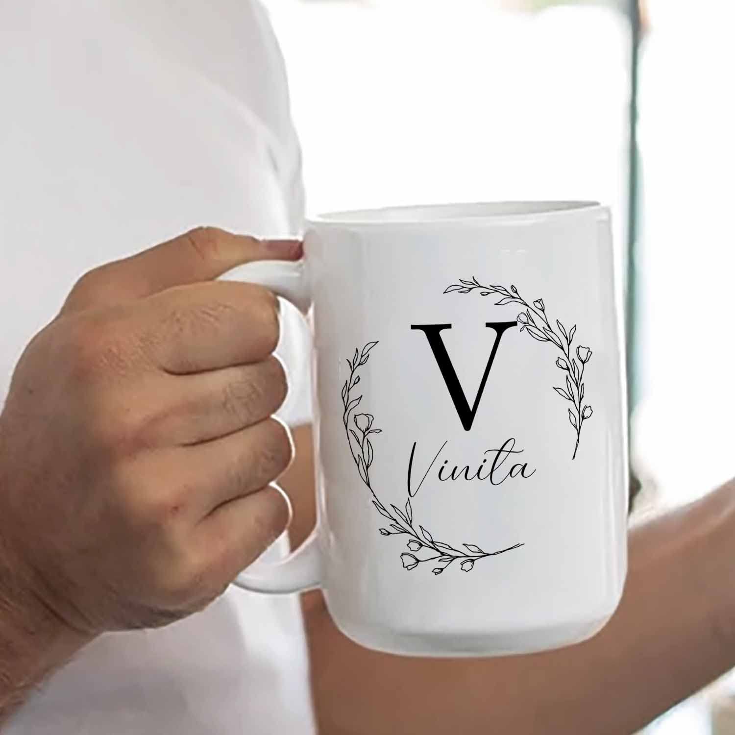 Personalized Name & Initial Letter Monogram Floral Alphabet White Coffee Mug Cup 11 15 Oz, Alphabet Accent Cup, Vintage Initial Monogram Travel Mug Gift For Men Women,Custom Name Initial Alphabet Mug