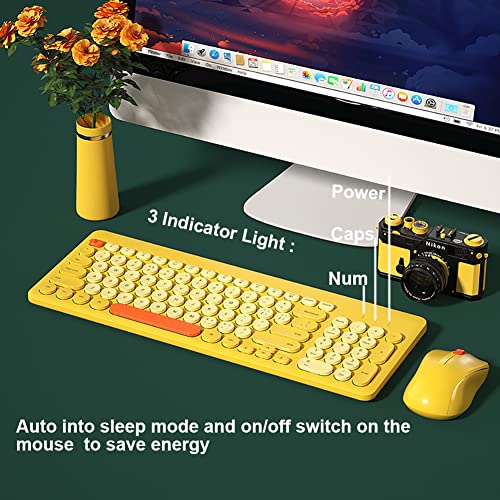 Wireless Keyboard with Mouse Combo, 2.4G Full Size Keyboard with Round Keycap and Silent Optical Mice Set for Computer PC Laptop (Yellow)