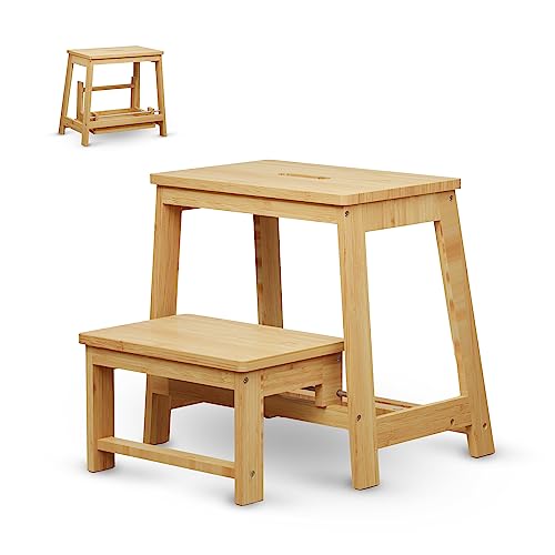 BEKVEM Bamboo Folding Step Stool with Sturdy Structure and Wide Stepping Surface for Safety, Multi-Purpose Foldable Step Stool, Step Ladder for Bathroom,Bedroom,Kitchen (Standard Bamboo, Small)