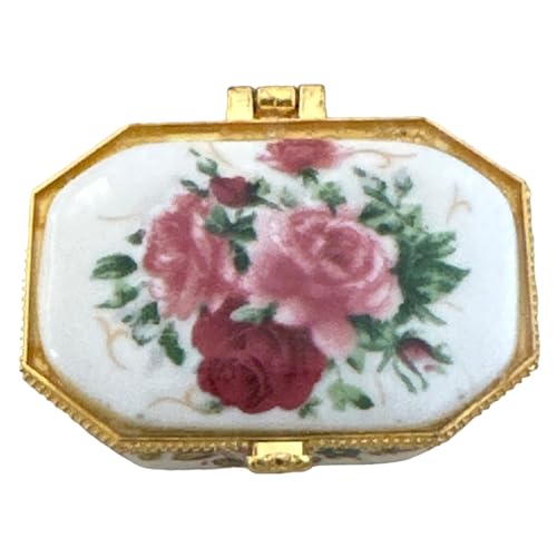 Evenchae Miniature Porcelain Box with Hinged Lid - Jewelry, Trinkets, Mementos, Keepsakes - Arrives in Velvet Drawstring Bag (Pink, French Country)