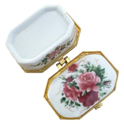 Evenchae Miniature Porcelain Box with Hinged Lid - Jewelry, Trinkets, Mementos, Keepsakes - Arrives in Velvet Drawstring Bag (Pink, French Country)
