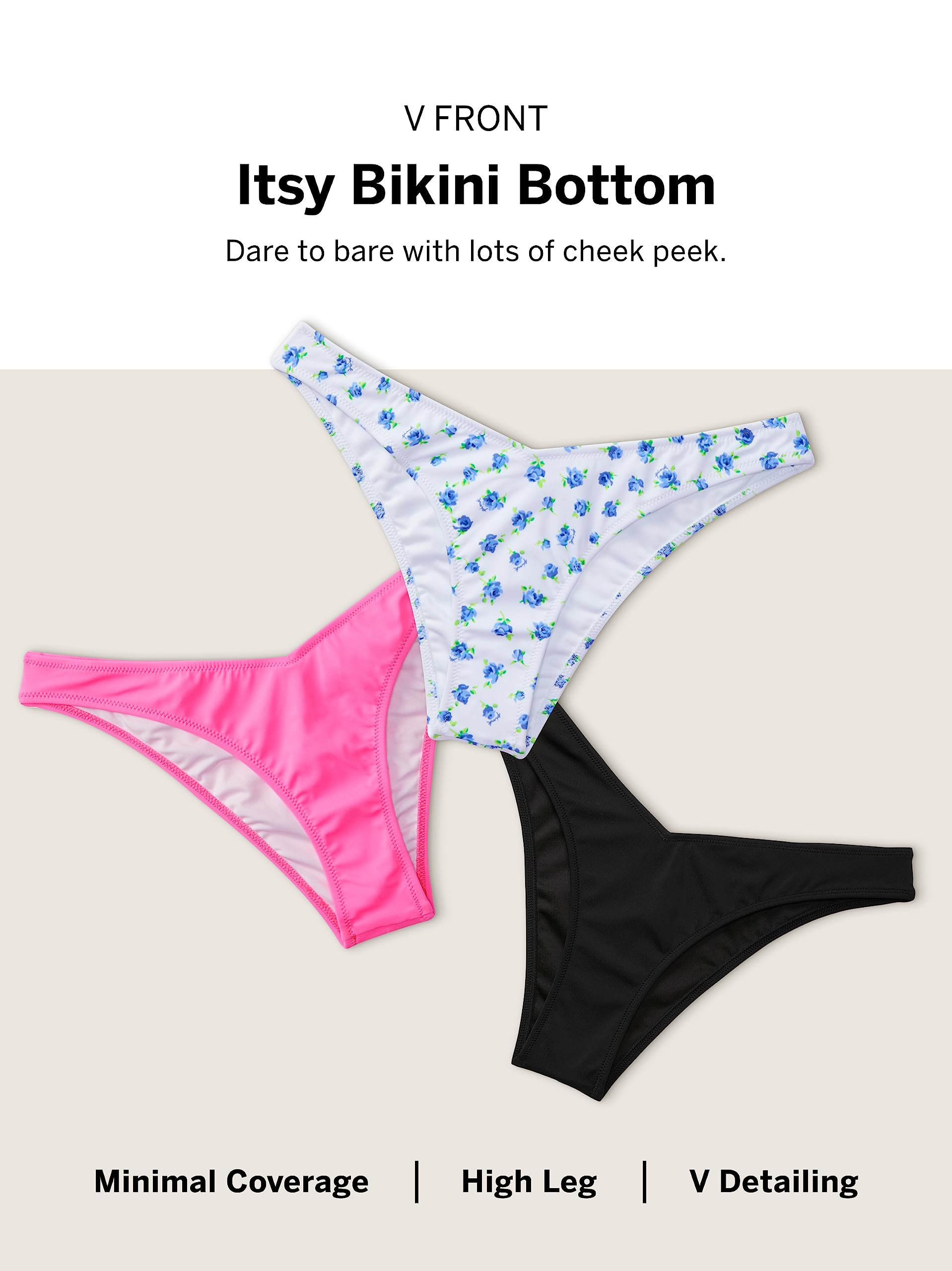 Victoria's Secret Pink V Front Itsy Bikini Bottom, Swimsuit for Women, Minimal Coverage Bathing Suit Bottoms for Women, Pure Black (M)