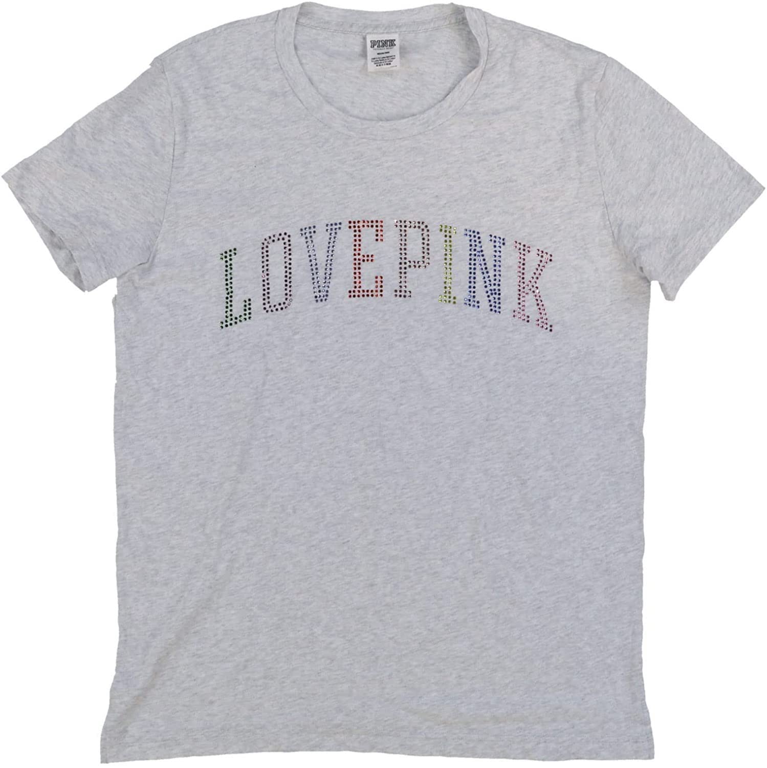 Victoria's Secret Pink Short Sleeve Tee Light Gray Rainbow Rhinestones New (as1, Alpha, x_l, Regular, Regular)