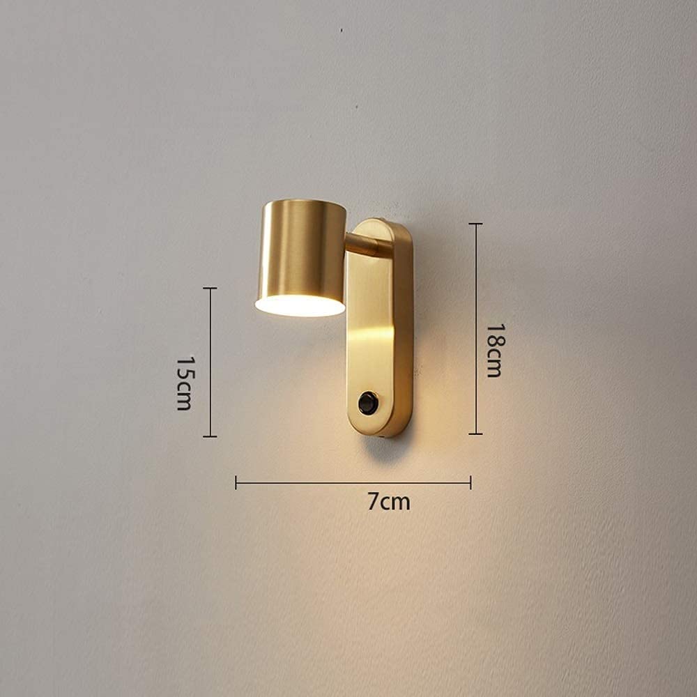 Cordless Wall Sconce Nordic Mini Wall Lamp Brushed Gold Finish Brass Bracket with Pressure Sensor Switch LED Wall Light 7W Dimmable Decorative Fixture Adjustable Head Sconce for Bedroom Bedside Lighti
