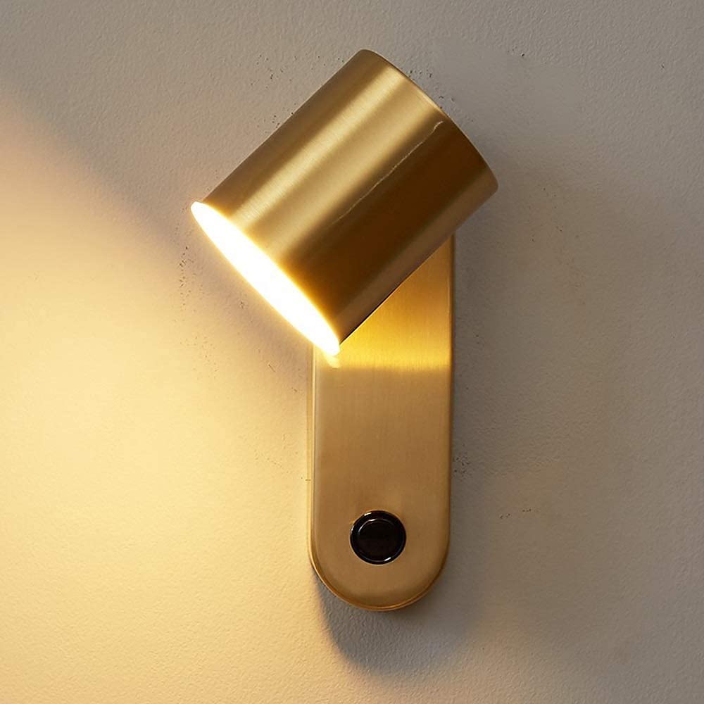Cordless Wall Sconce Nordic Mini Wall Lamp Brushed Gold Finish Brass Bracket with Pressure Sensor Switch LED Wall Light 7W Dimmable Decorative Fixture Adjustable Head Sconce for Bedroom Bedside Lighti