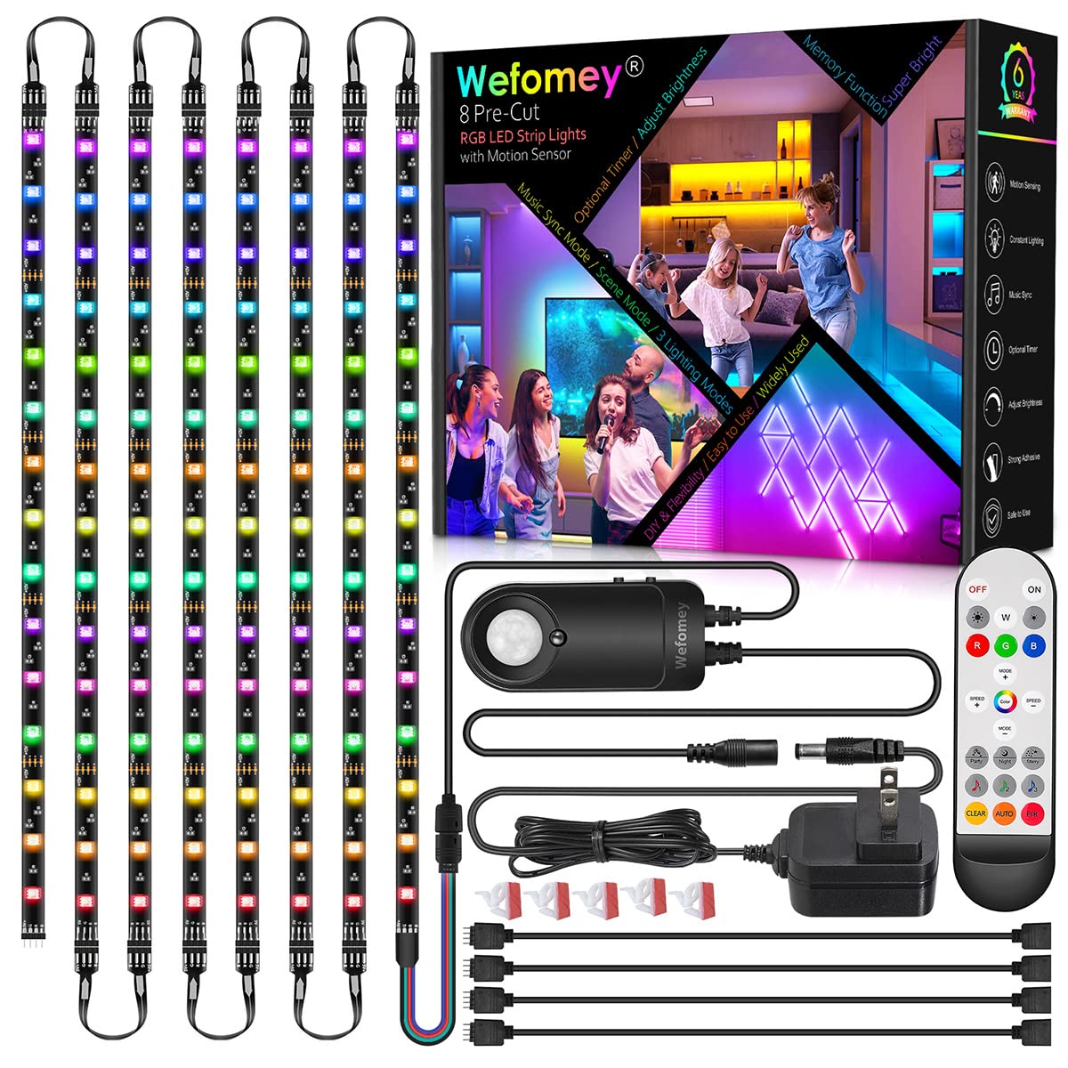 8 PCS RGB Under Cabinet Lighting Kit, 12v Motion Sensor LED Light Strip with Remote, ETL Listed Power Adapter, Music Sync Color Changing Led Lights for Shelves, Cabinet, Counter, Bookcase, 13ft