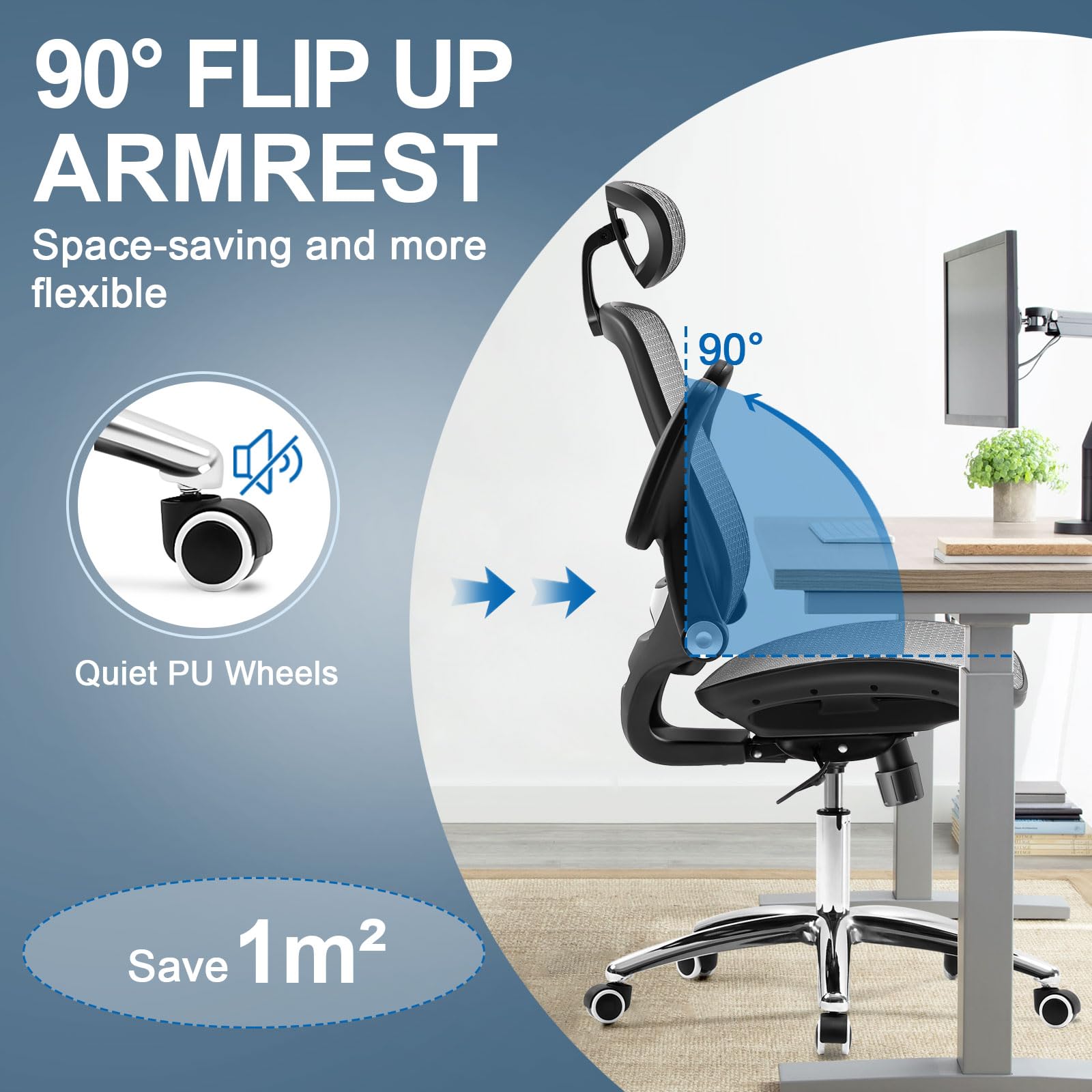 Ergonomic Mesh Office Chair for Tall People, High Back Mesh Chair with Adjustable Flip Up Armrest & 2D Headrest &, 135°Tilt Function, Mesh Seat, Swivel Executive Task Chair for Home 350lb