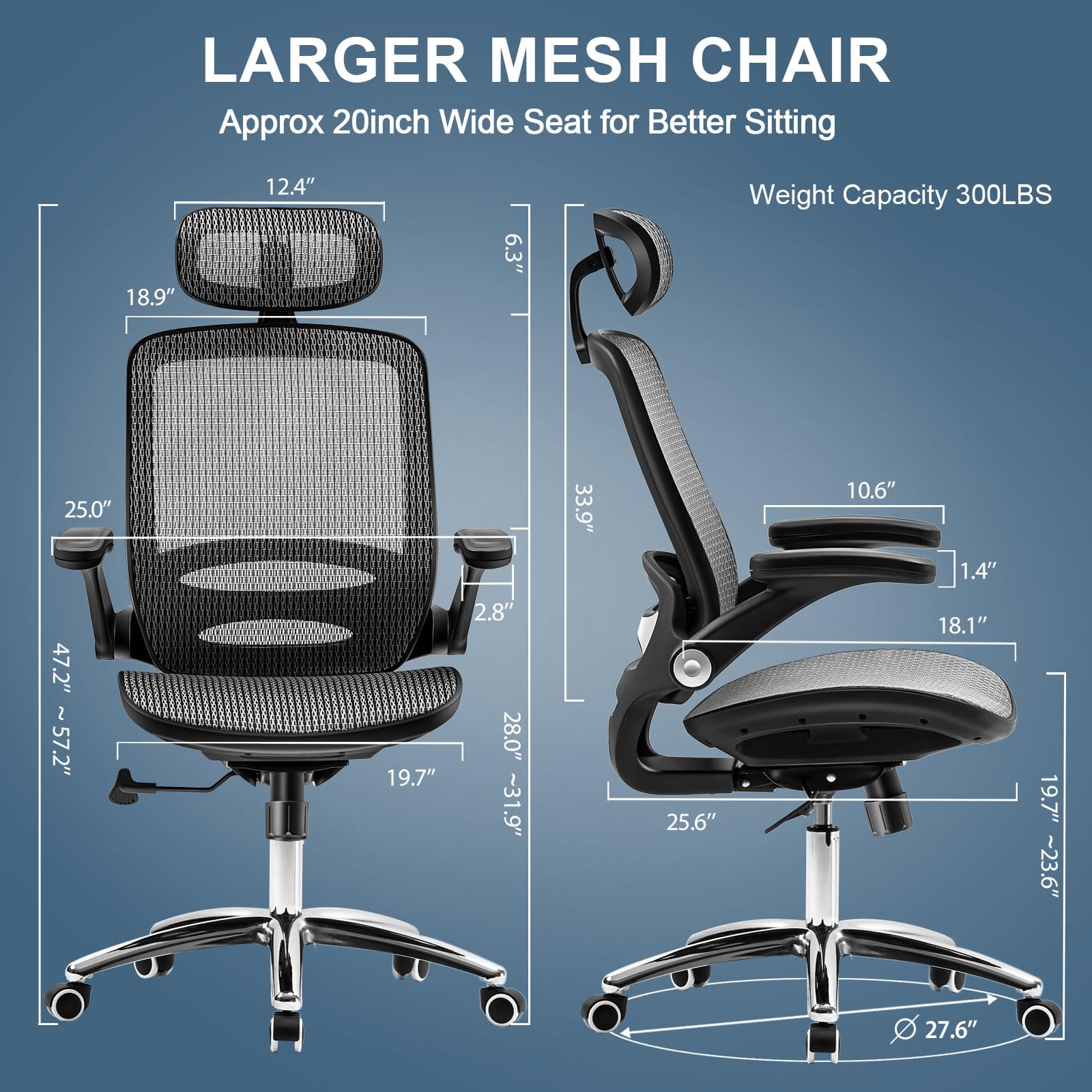 Ergonomic Mesh Office Chair for Tall People, High Back Mesh Chair with Adjustable Flip Up Armrest & 2D Headrest &, 135°Tilt Function, Mesh Seat, Swivel Executive Task Chair for Home 350lb