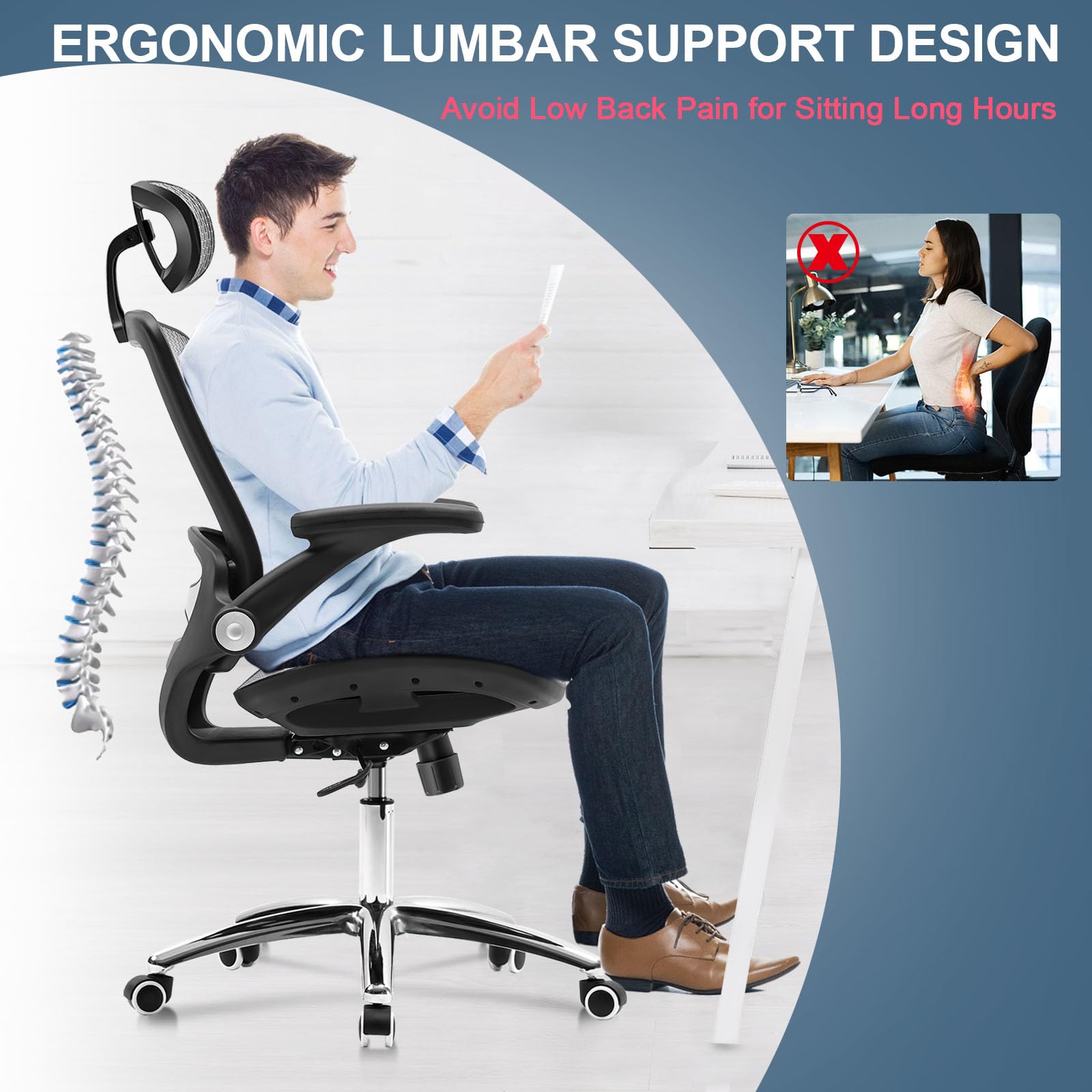 Ergonomic Mesh Office Chair for Tall People, High Back Mesh Chair with Adjustable Flip Up Armrest & 2D Headrest &, 135°Tilt Function, Mesh Seat, Swivel Executive Task Chair for Home 350lb
