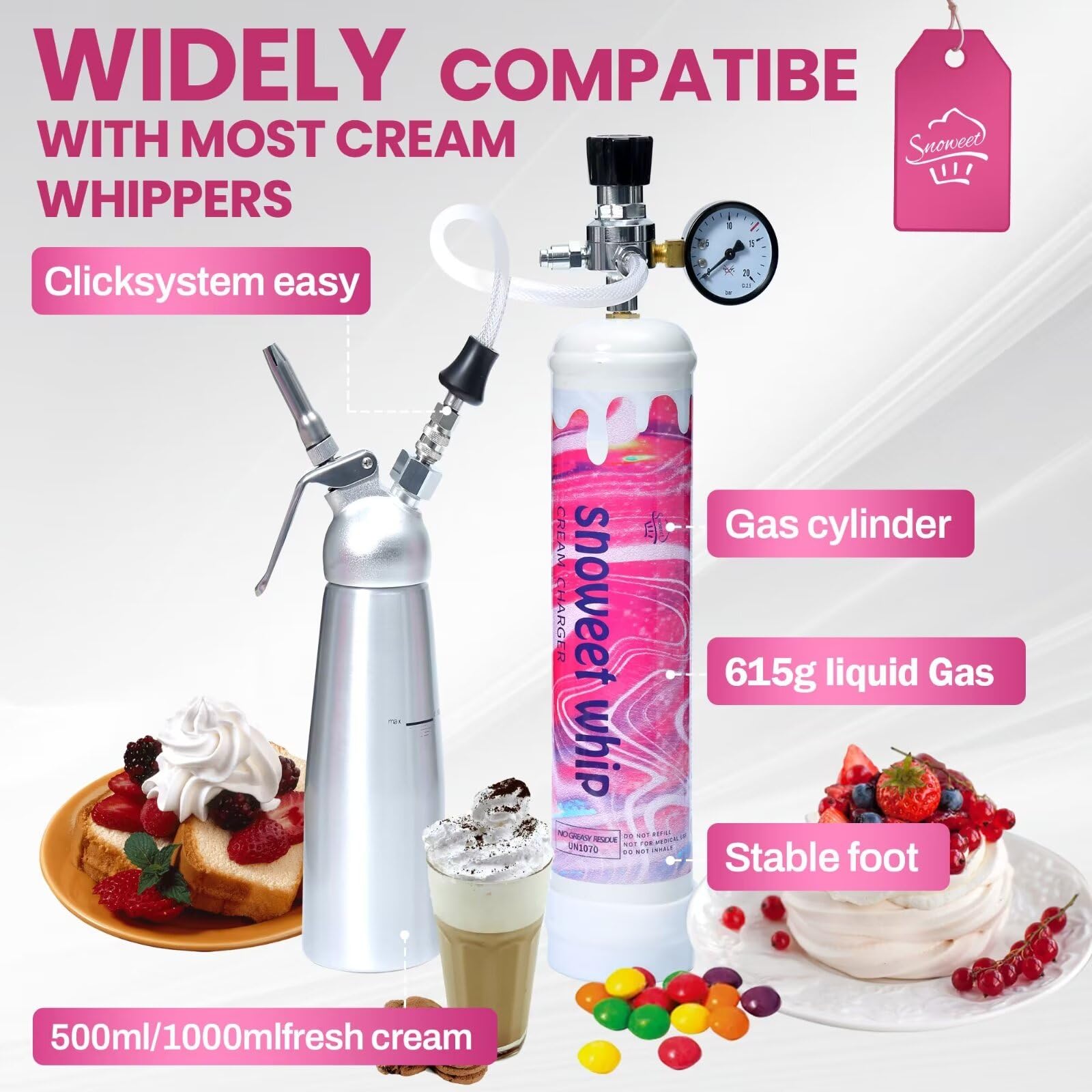 Snoweet Whipped Cream Chargers Sturdy Base Steel Whipped Cream Tanks 0.95L 615 Gram Whipped Cream Canisters with 1 Nozzle(Unflavor-2 cylinders)