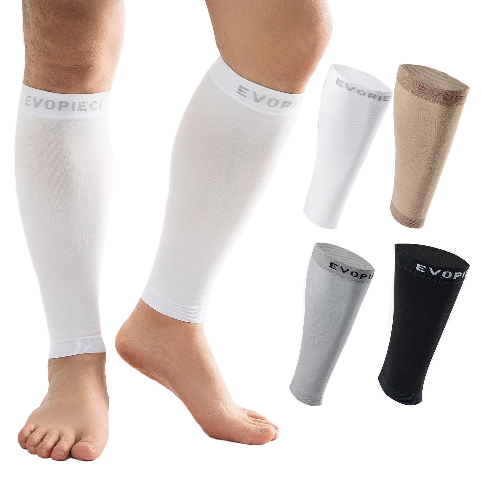 EVOPLECI 20-30mmHg Black Calf Compression Sleeve Men and Women Wide Calf Sleeve Brace Compression Socks for Leg Support Shin Splint Pain Relief (White, Small)