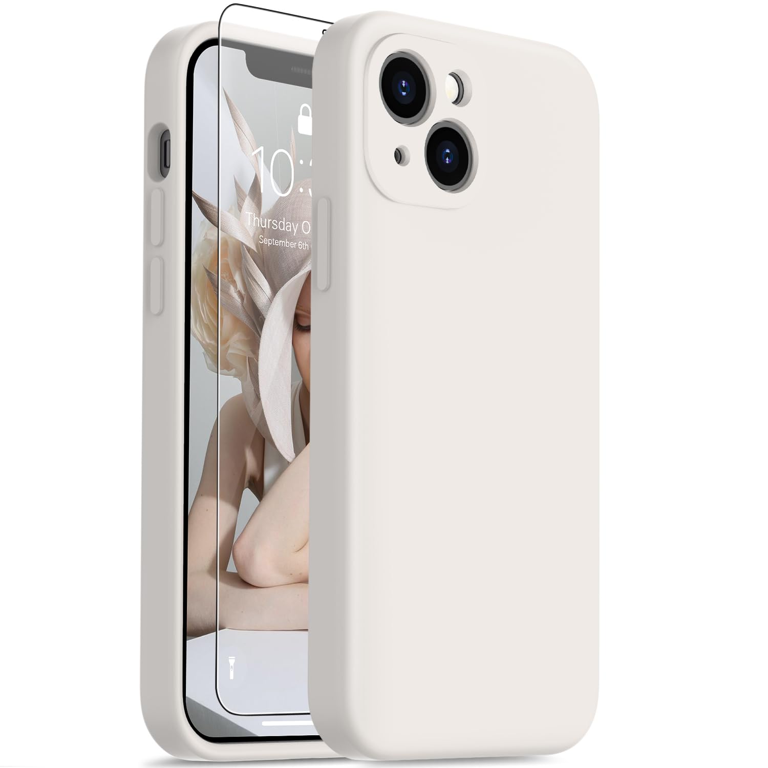 FUNMIKO Designed for iPhone 13 Case with Screen Protector,Enhanced Camera Lens Protection,Soft Silky Silicone Protective Phone Cover 6.1",Rock Grey