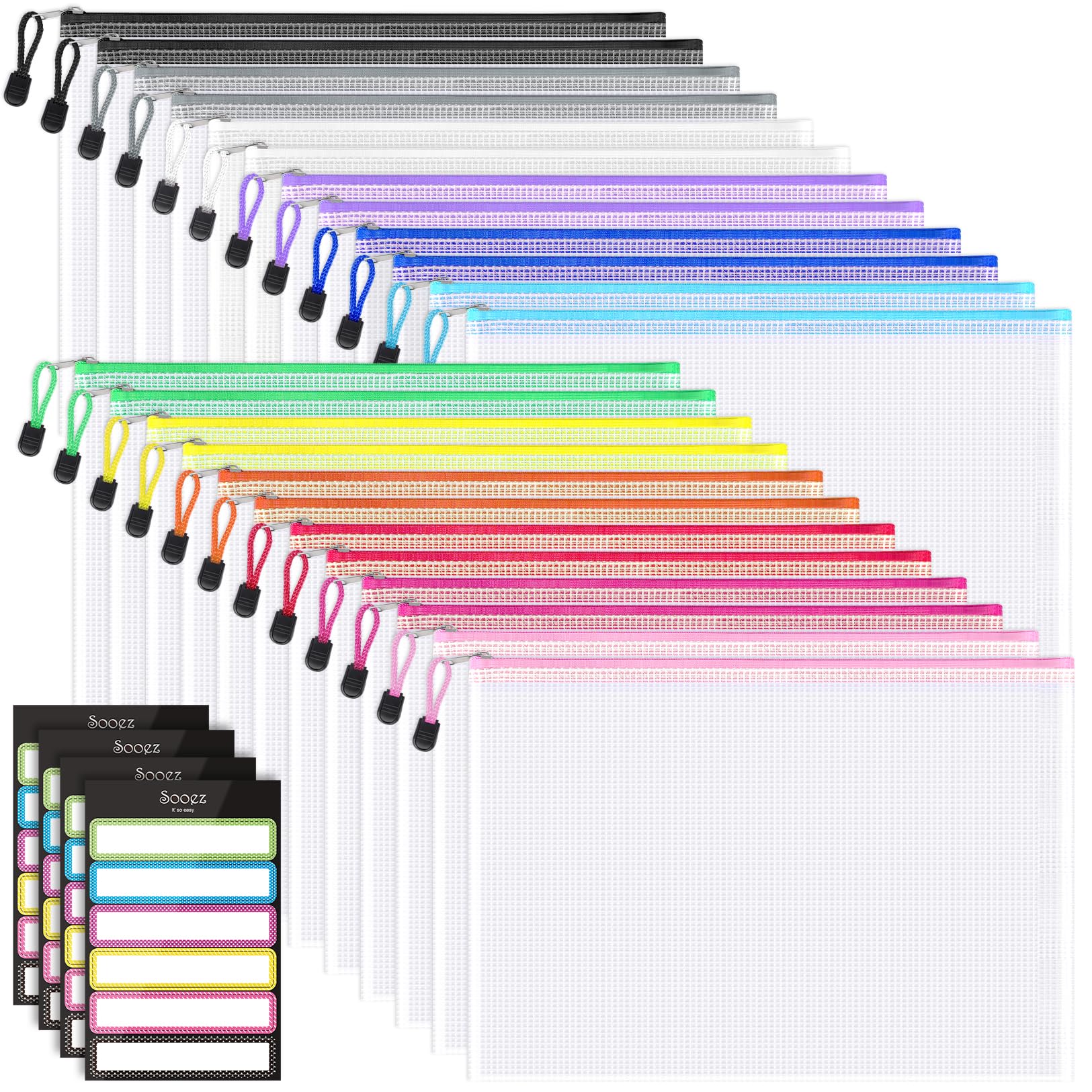 Sooez 24 Pack Mesh Zipper Pouch with Sticky Labels, A4 Size Mesh Bags for Board Game & Puzzles Organizing Storage, Durable Letter Size File Bags for Office Classroom Organization, 12 Assorted Colors