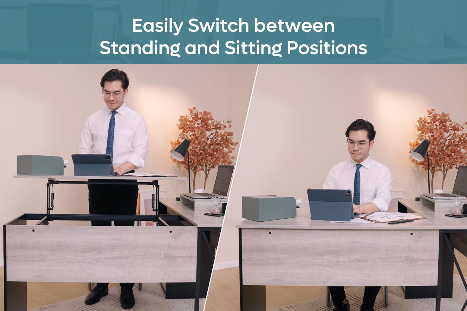 Bestier Lift Top L Shaped Desk with File Drawer, 55'' x 55'' Office Desk with Reversible Storage Drawers and Computer Monitor Stand (Retro Grey Oak Light)