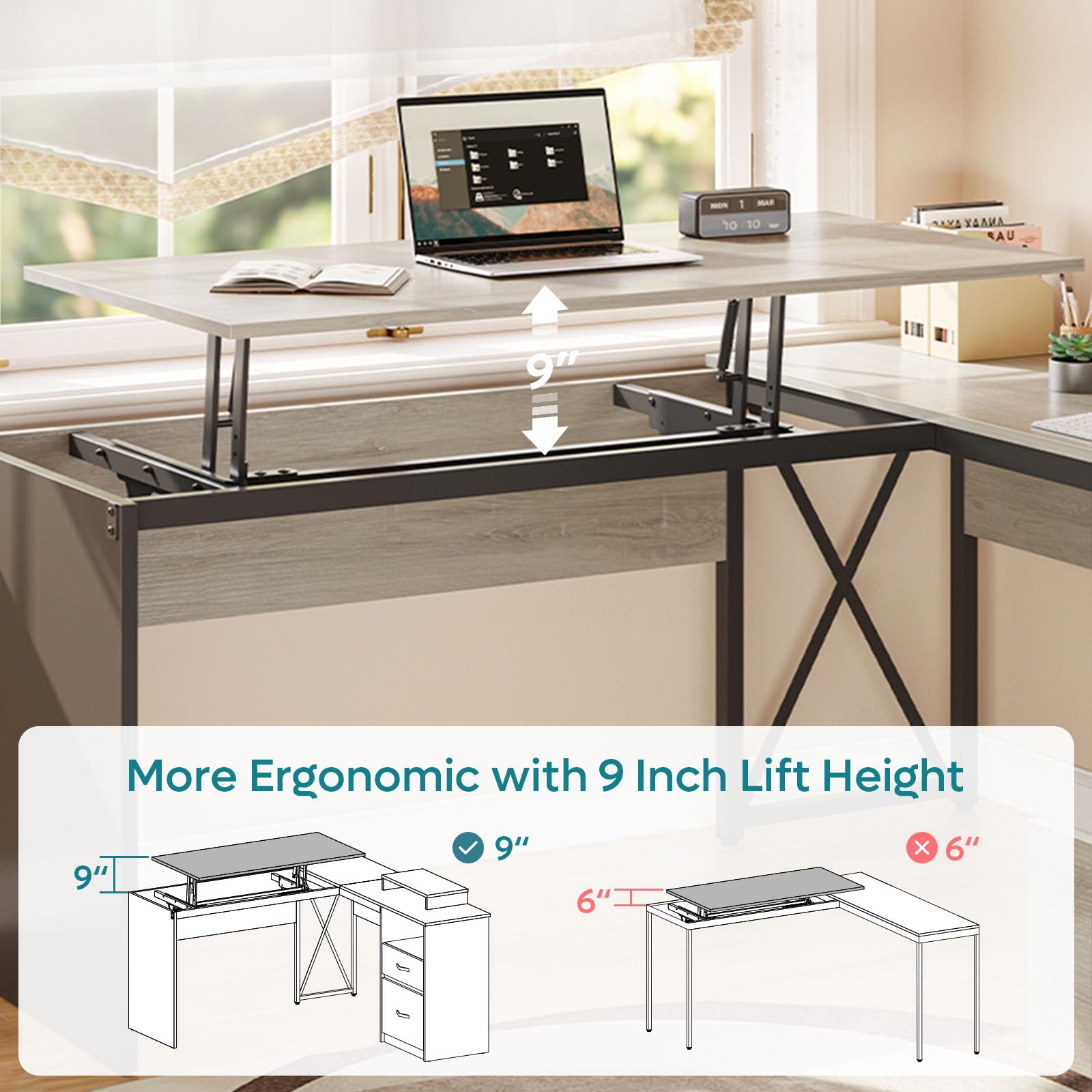 Bestier Lift Top L Shaped Desk with File Drawer, 55'' x 55'' Office Desk with Reversible Storage Drawers and Computer Monitor Stand (Retro Grey Oak Light)