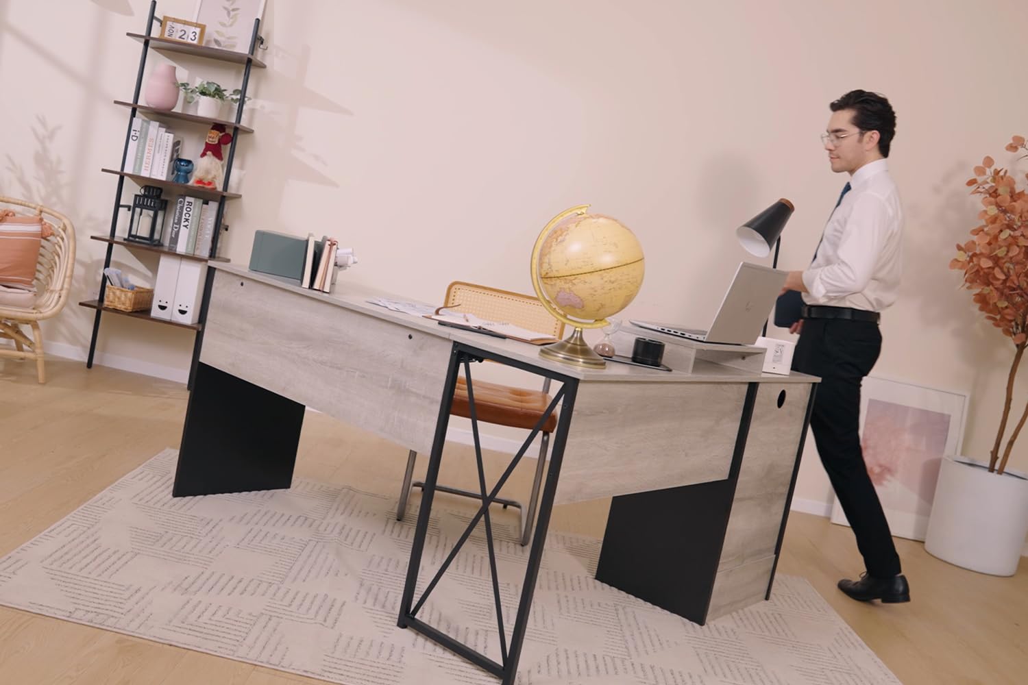 Bestier Lift Top L Shaped Desk with File Drawer, 55'' x 55'' Office Desk with Reversible Storage Drawers and Computer Monitor Stand (Retro Grey Oak Light)