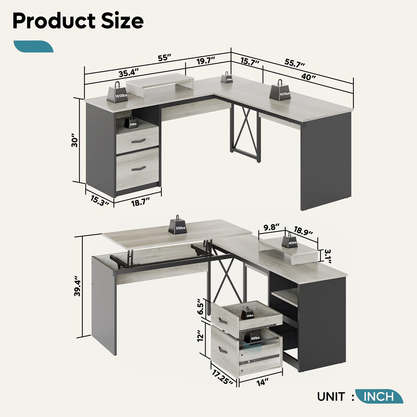 Bestier Lift Top L Shaped Desk with File Drawer, 55'' x 55'' Office Desk with Reversible Storage Drawers and Computer Monitor Stand (Retro Grey Oak Light)