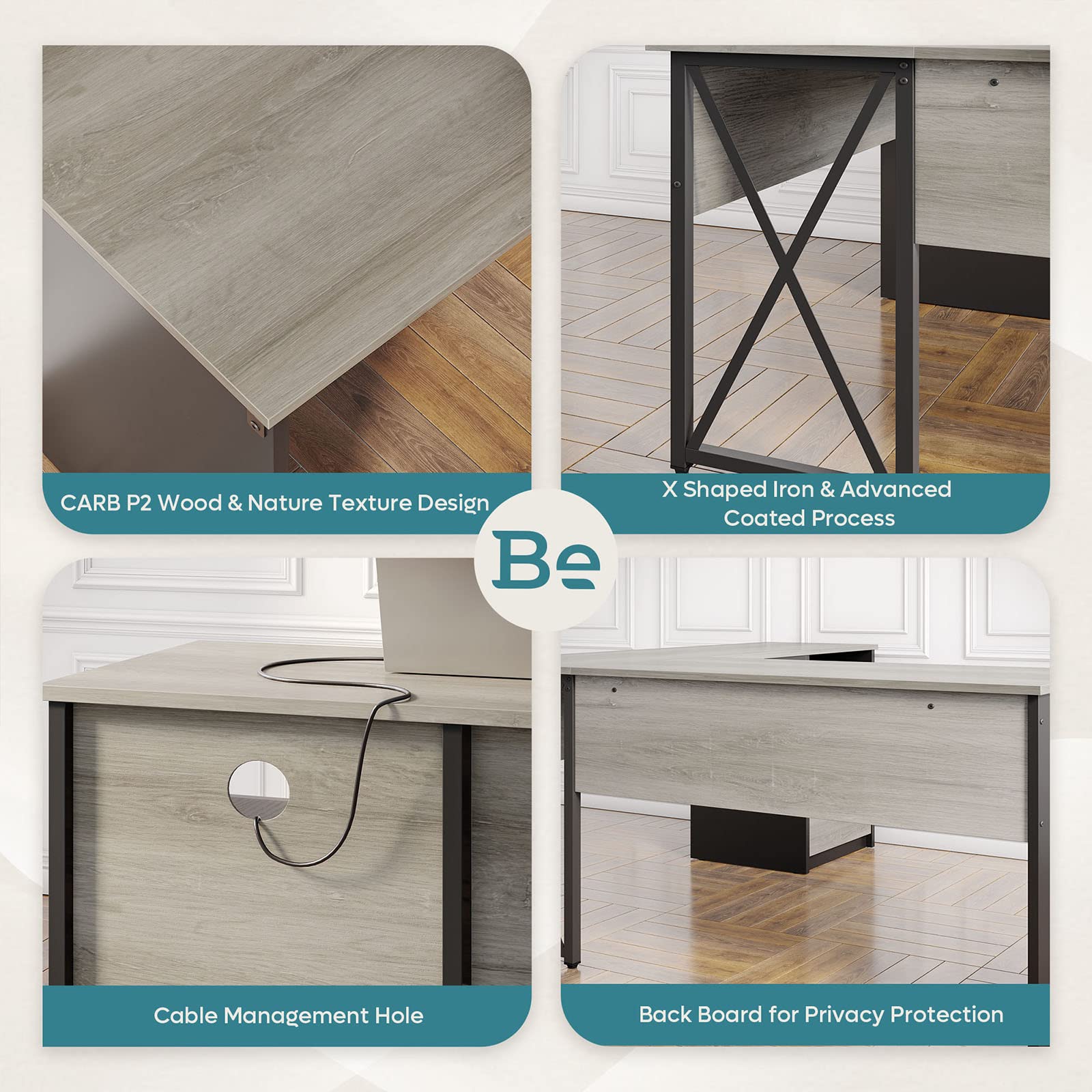 Bestier Lift Top L Shaped Desk with File Drawer, 55'' x 55'' Office Desk with Reversible Storage Drawers and Computer Monitor Stand (Retro Grey Oak Light)