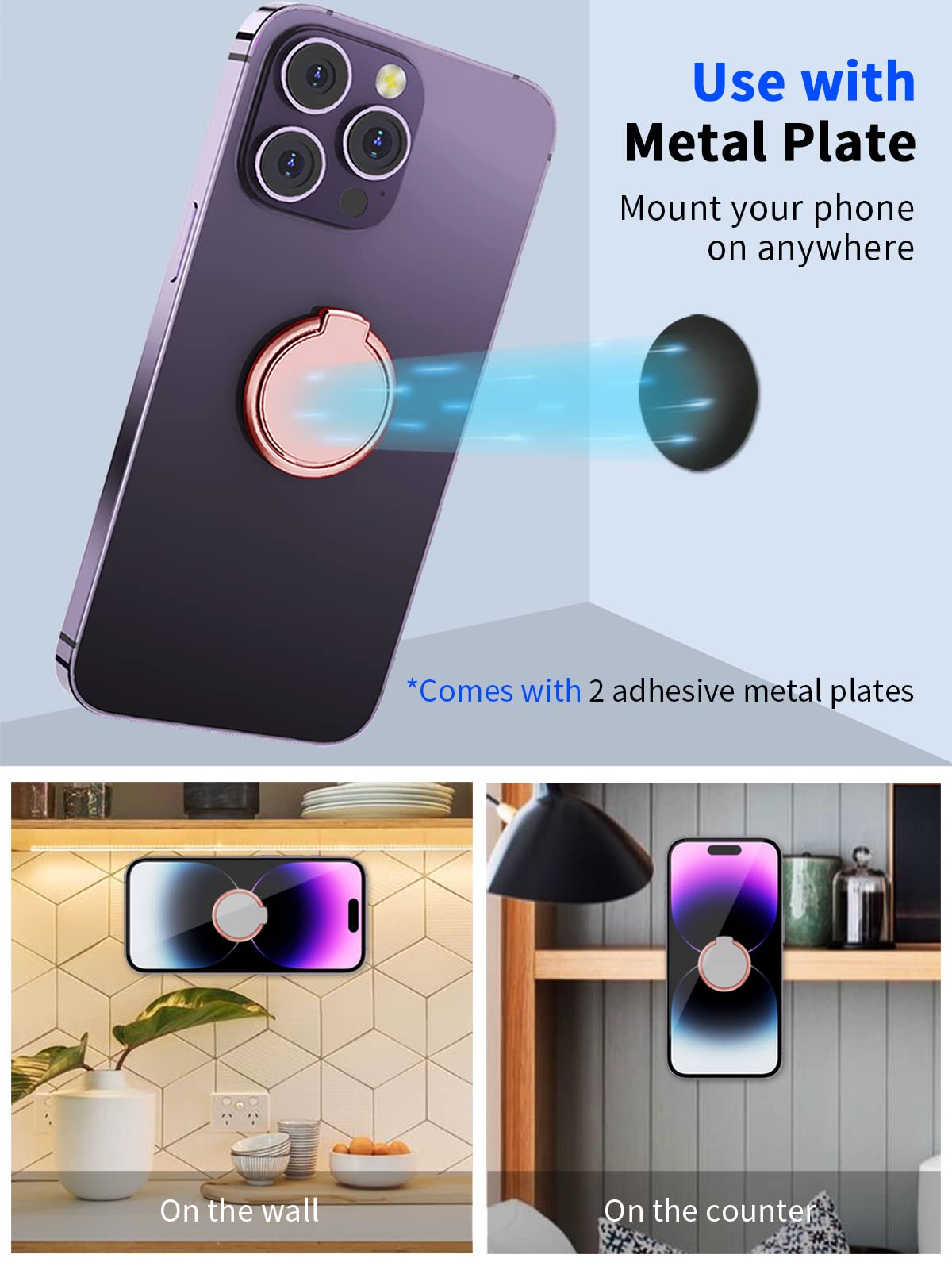 Magnetic Phone Grip Mount for Any Metal Surface [4 Strong Magnets] Gym Magnet Phone Ring Kickstand for Magnetic Car Holder Compatible with iPhone 14/13/12 Pro Max, Android and All Phones (Pink)
